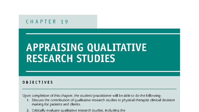 CHAPTER 19: APPRAISING QUALITATIVE RESEARCH IN PT PRACTICE - Studocu