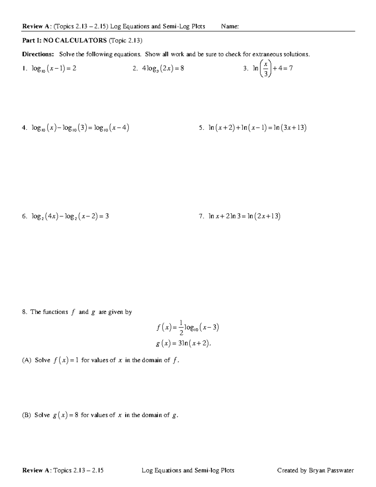 Review A: Topics 2.13 - 2.15 Log Equations & Plots - Studocu