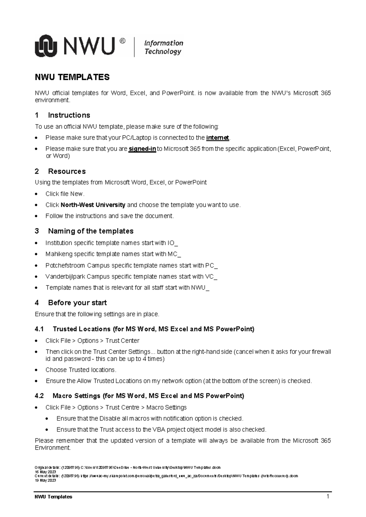 Use Of Nwutemplates - How to use NWU templates - NWU Templates 1 NWU ...