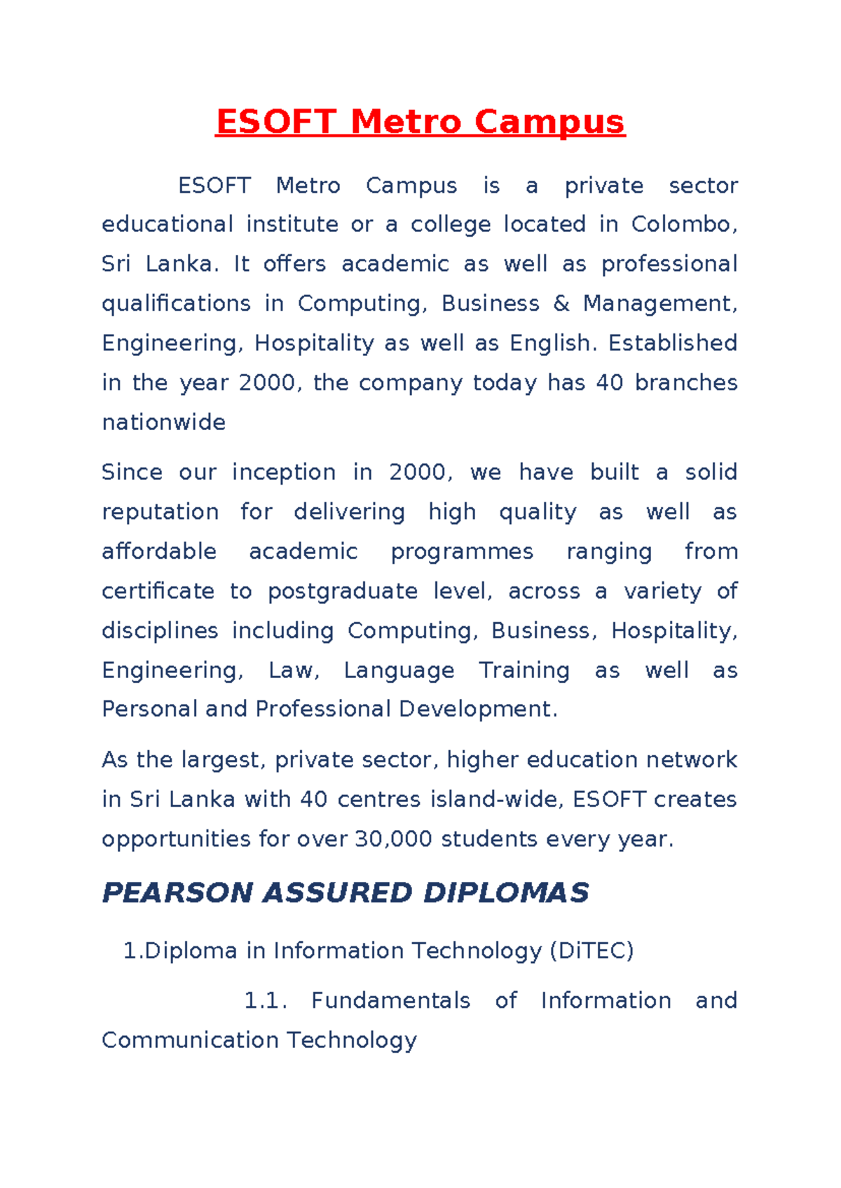 Unit 02 Word Practical 1: Overview of ESOFT Metro Campus - Studocu