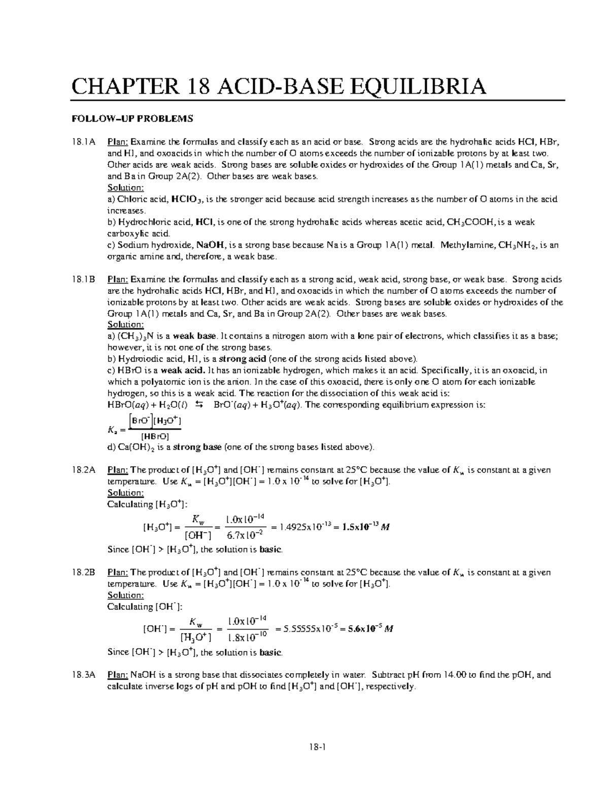 Acids and Bases Questions Memo - CHAPTER 18 ACID-BASE EQUILIBRIA FOLLOW ...