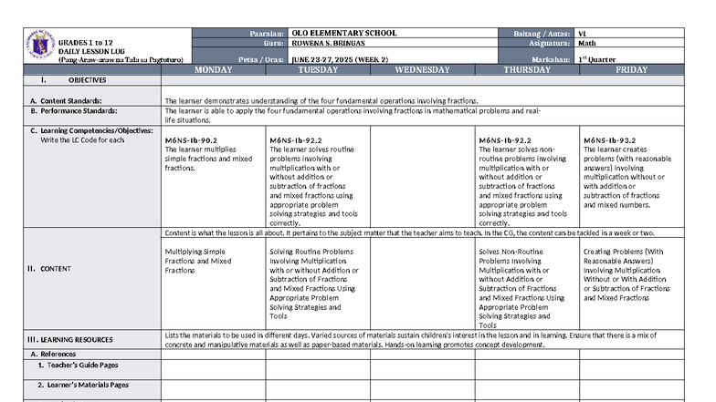 DLL Mathematics 6 Q1 W2 - Daily Lesson Log for Fractions - Studocu
