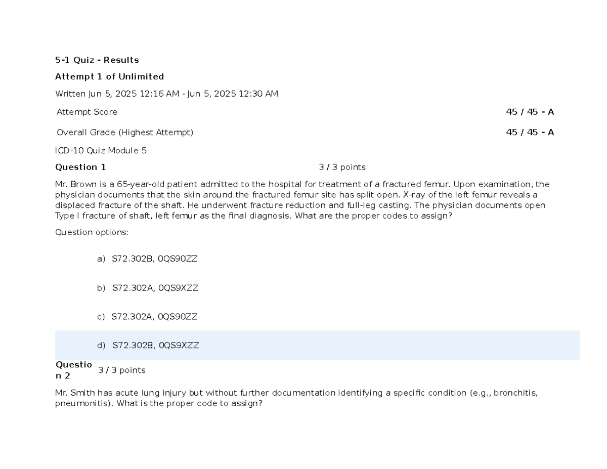 HIM 360 Quiz Results Attempt 1 - Unlimited Written (Score: 45/45) - Studocu
