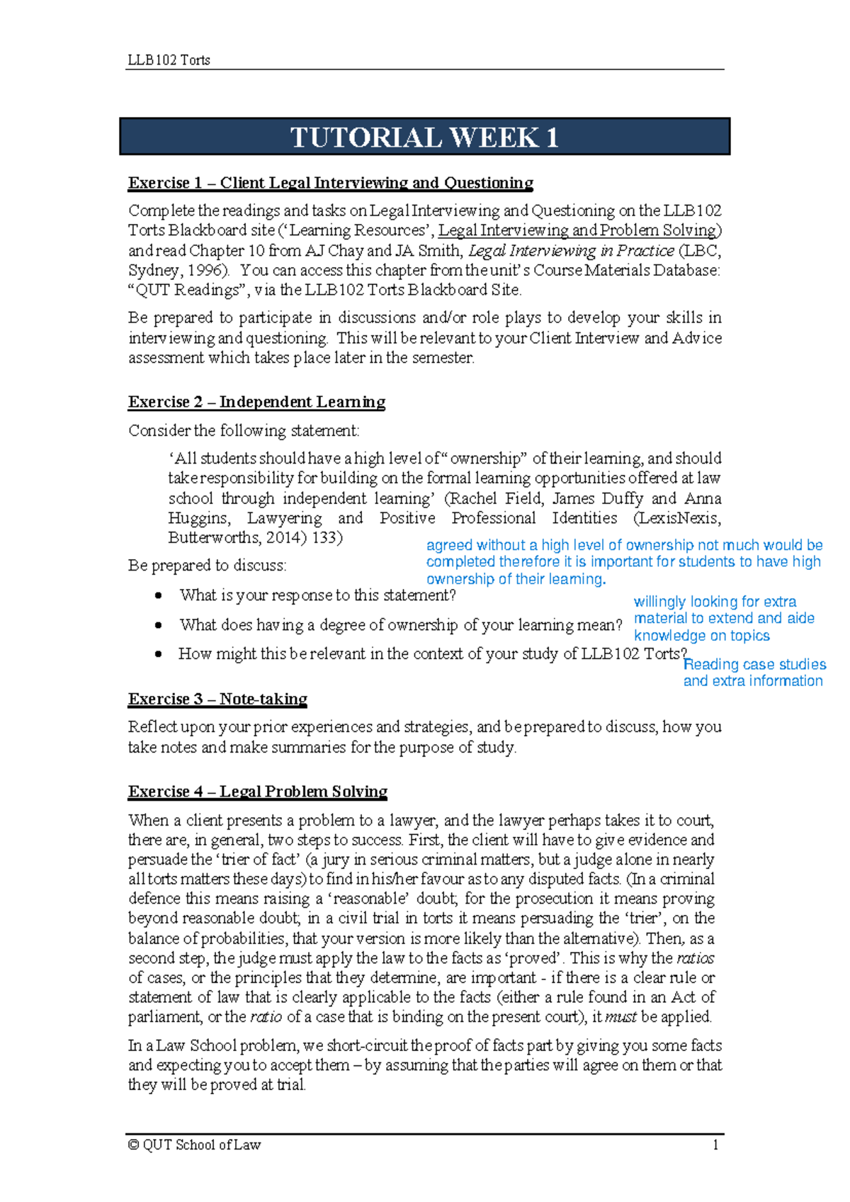 LLB102 Torts Tutorial Week 1: Client Legal Interviewing & Problem ...