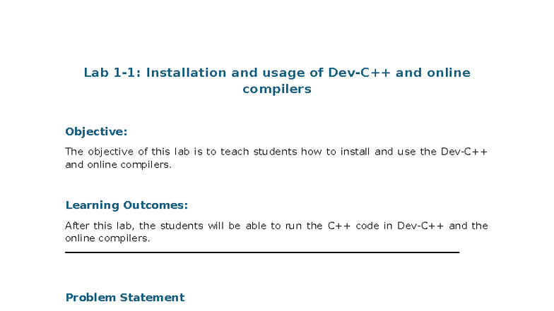 Lab 1-1: Installation and Usage of DEV C++ Compilers - Studocu