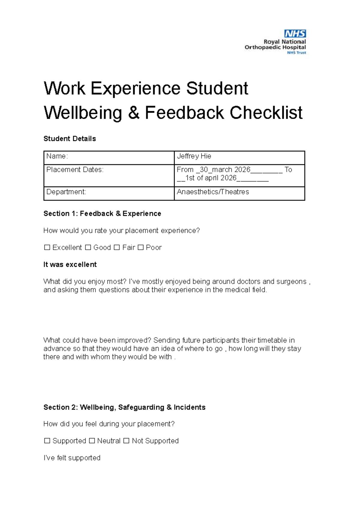 WE Student Wellbeing Feedback Checklist: Jeffrey Hie's Placement ...