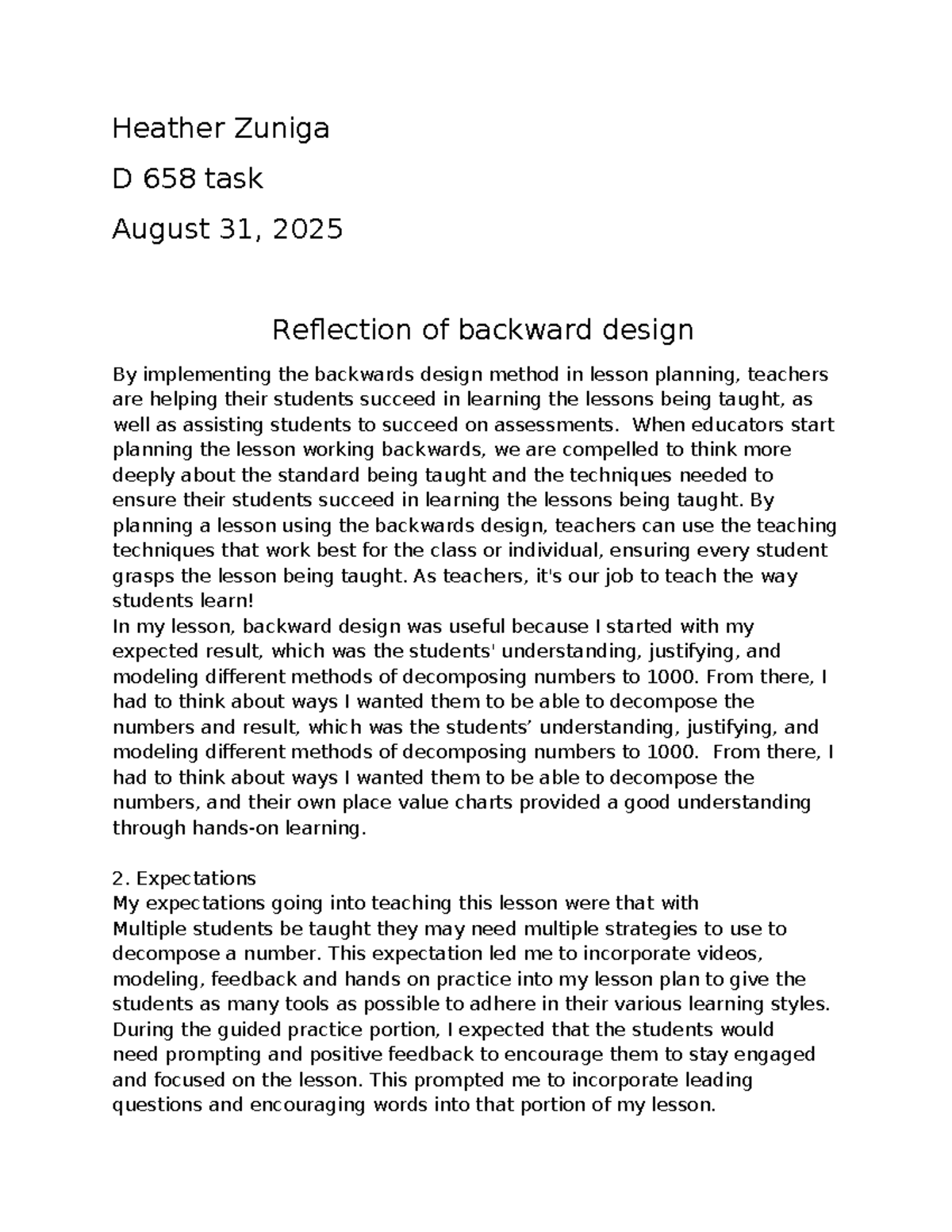 D658 Final Reflection: Implementing Backward Design in Lesson Planning ...