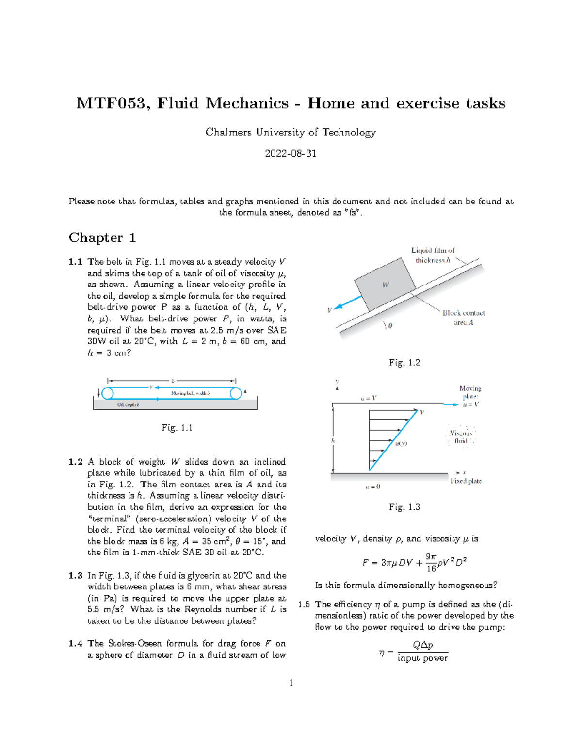 MTF053 Fluid Mechanics Recommended Problems & Exercises Guide - Studocu