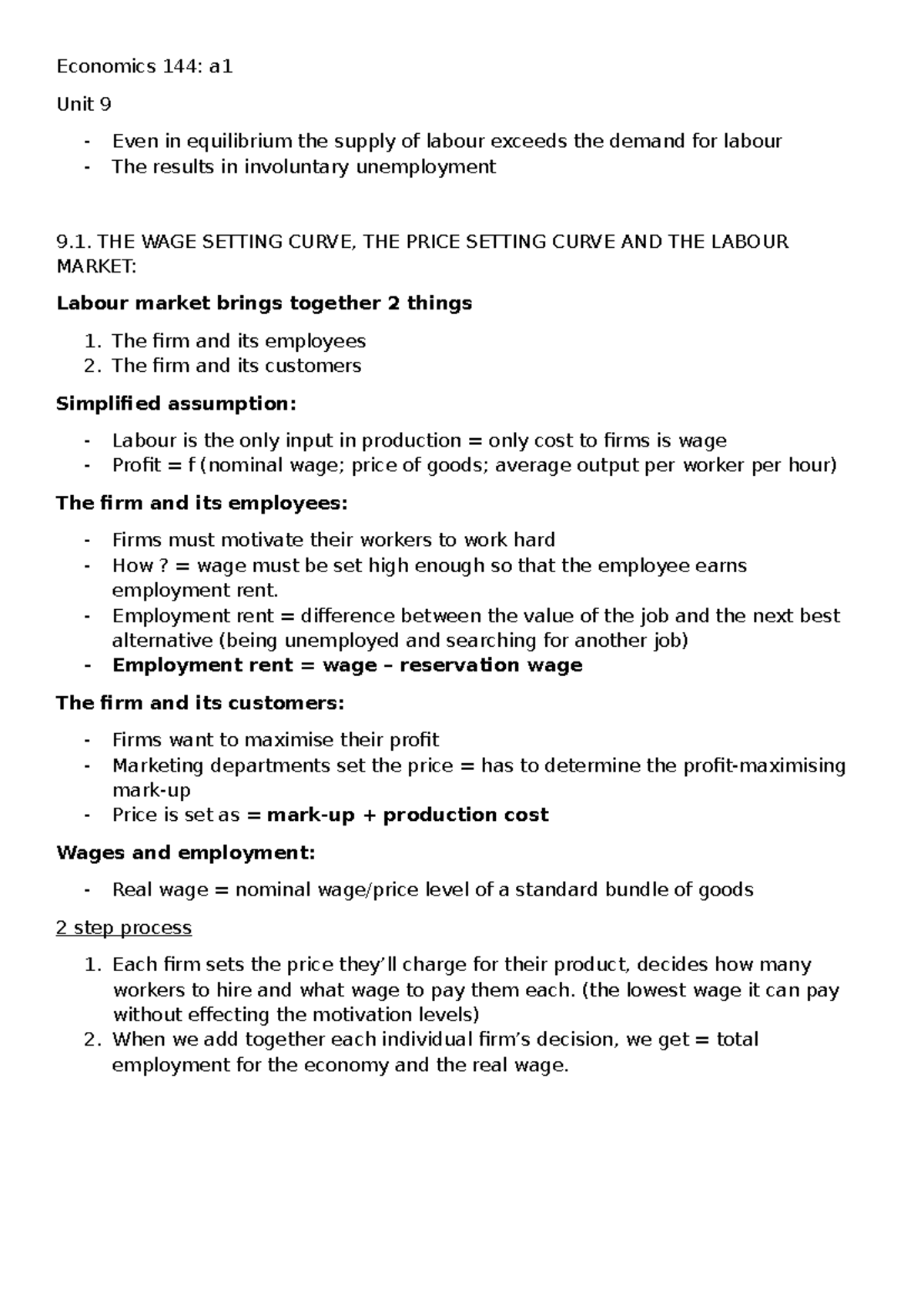 Economics 144: A1 Unit 9 - Labour Market Dynamics and Unemployment ...