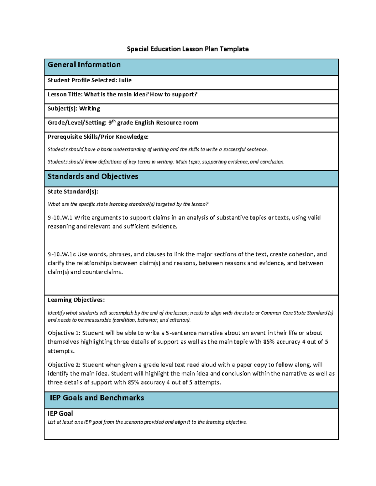 D232 Task 1-Special Education Lesson Plan-Julie passed - Special ...
