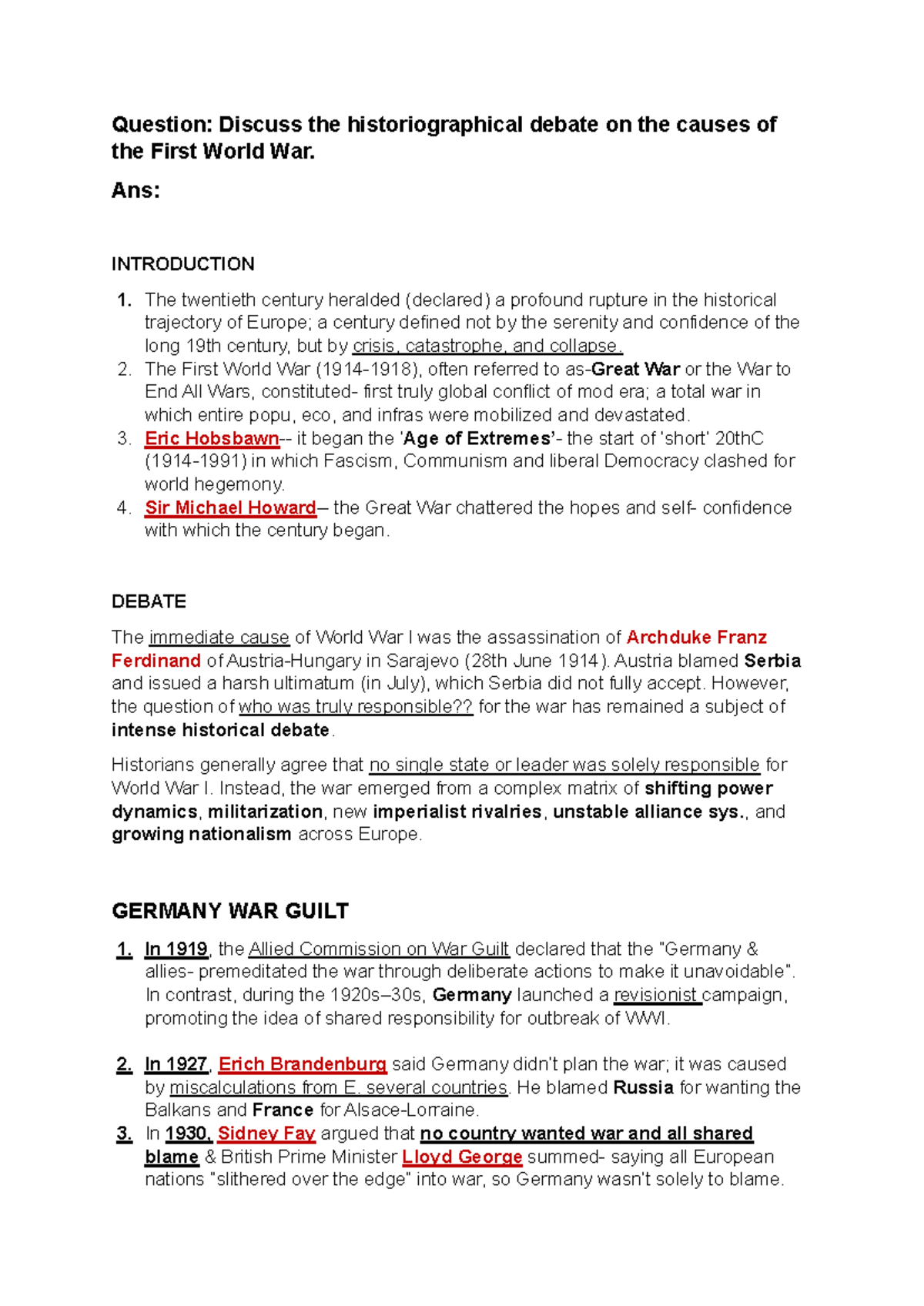 WW1 Historiography: Analyzing Causes and Historical Debates - Studocu