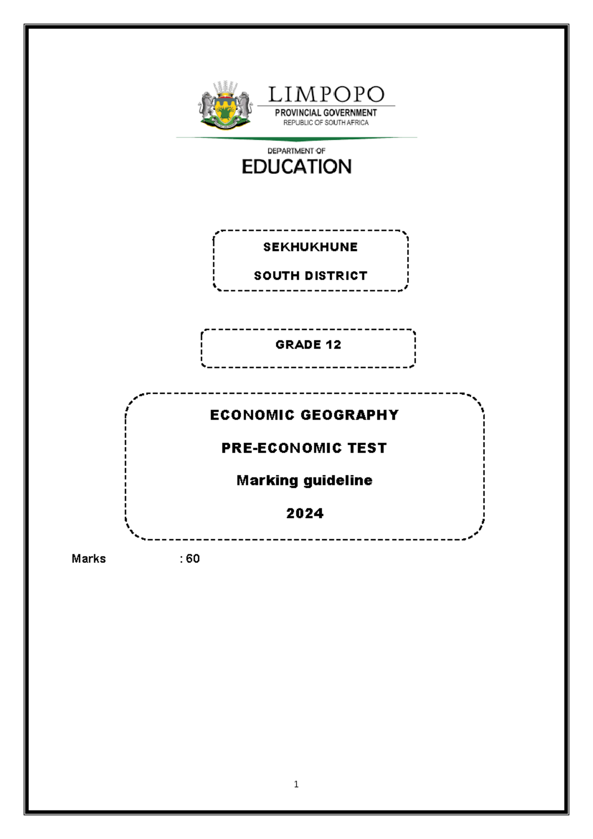 Grade 12 Economic Geography Pre-Test Marking Guidelines 2024 - Studocu