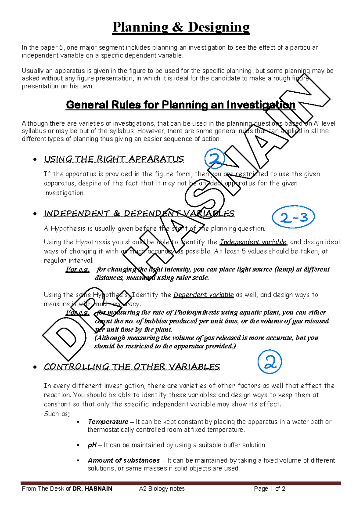 A2 Biology P5 Planning & Designing Notes with Dr. Hasnain - Studocu