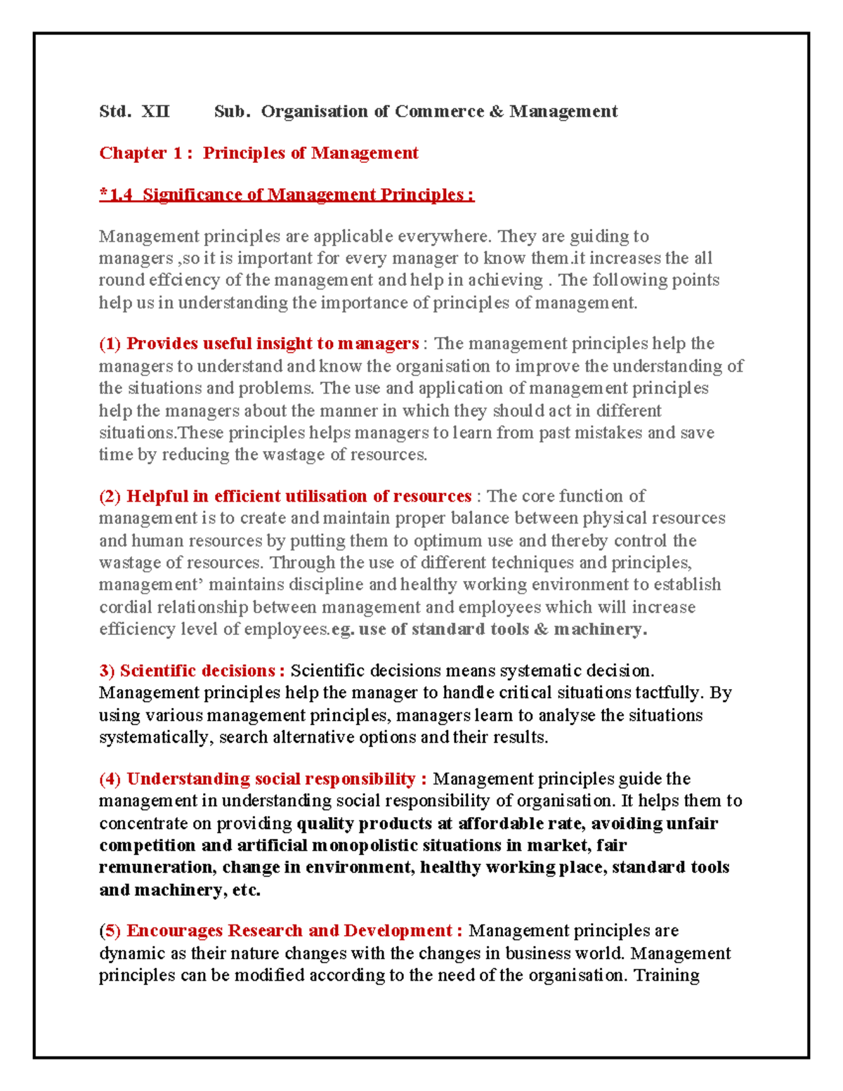 Std. XII OCM Chapter 1: Significance of Management Principles - Studocu