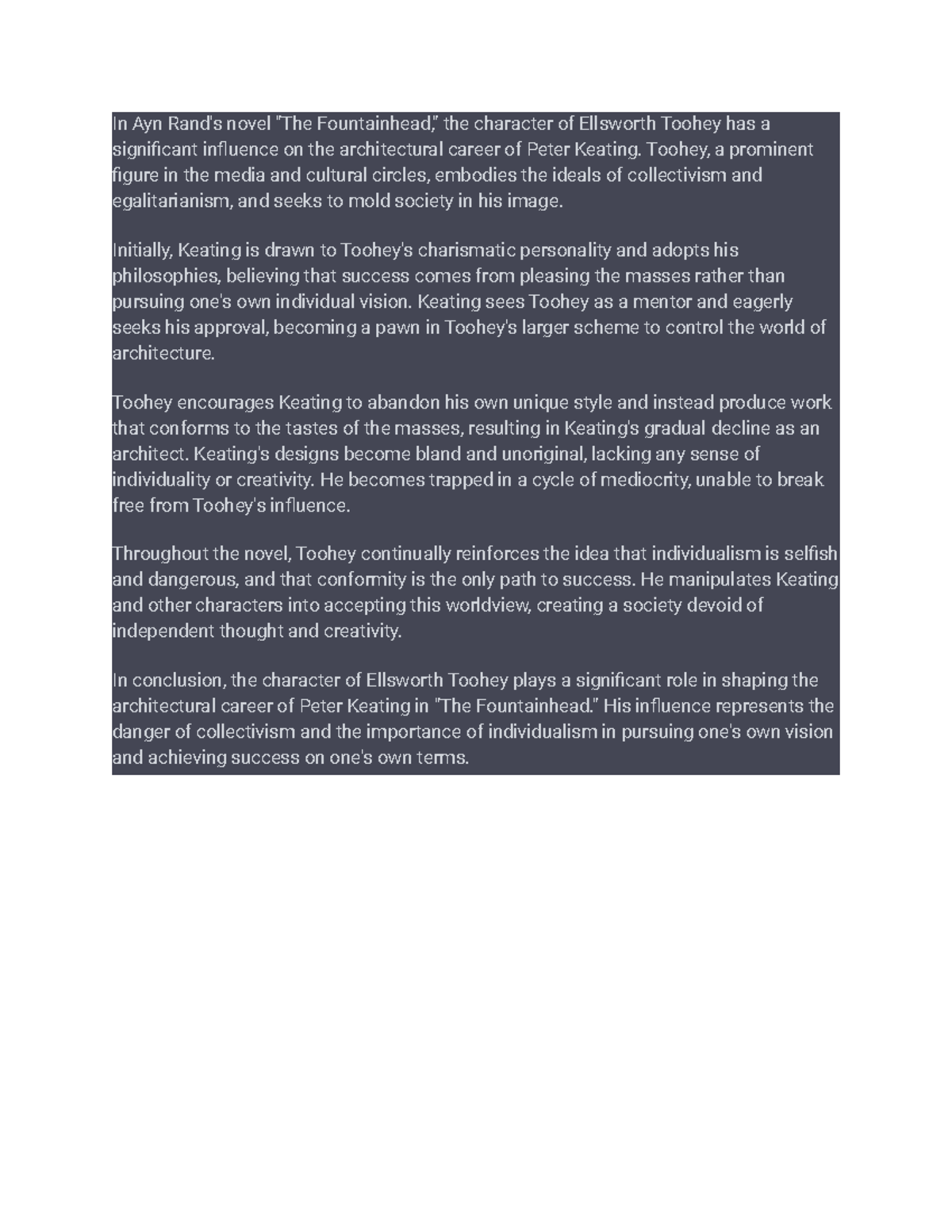 ARCH 202 - Essay #2: The Influence of Toohey on Keating in "The ...