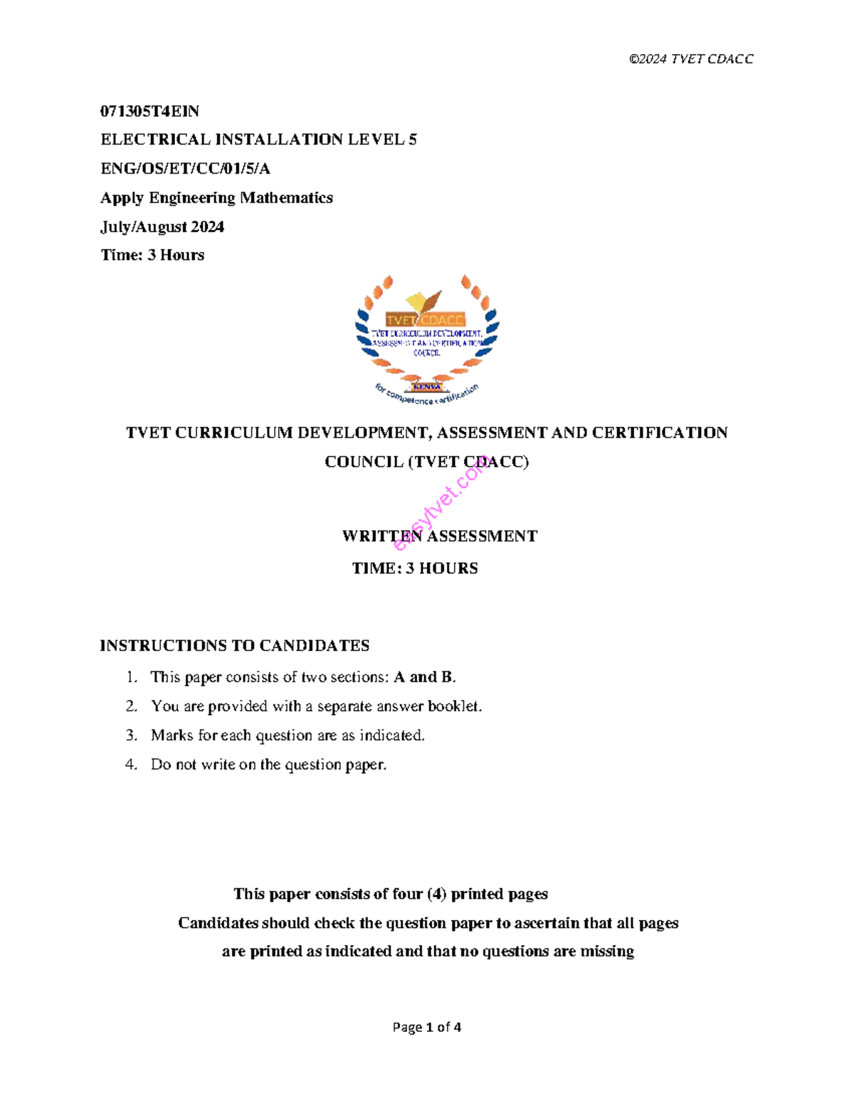 TVET CDACC 071305T4EIN Electrical Installation Level 5 Maths Exam 2024 ...