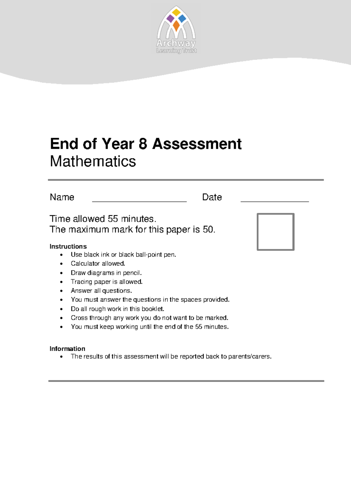 Eo Y8 Assessment 2022: Mathematics Test Instructions & Questions - Studocu