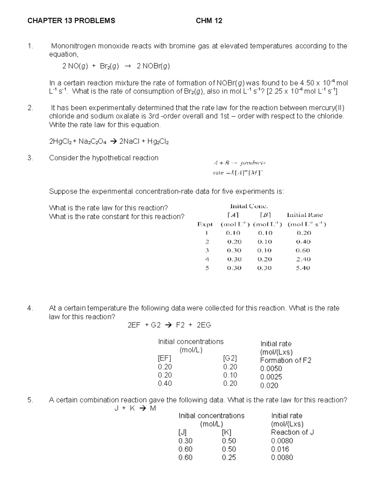 Chapter 13 Problems CHM 12: Reaction Rates and Rate Laws - Studocu