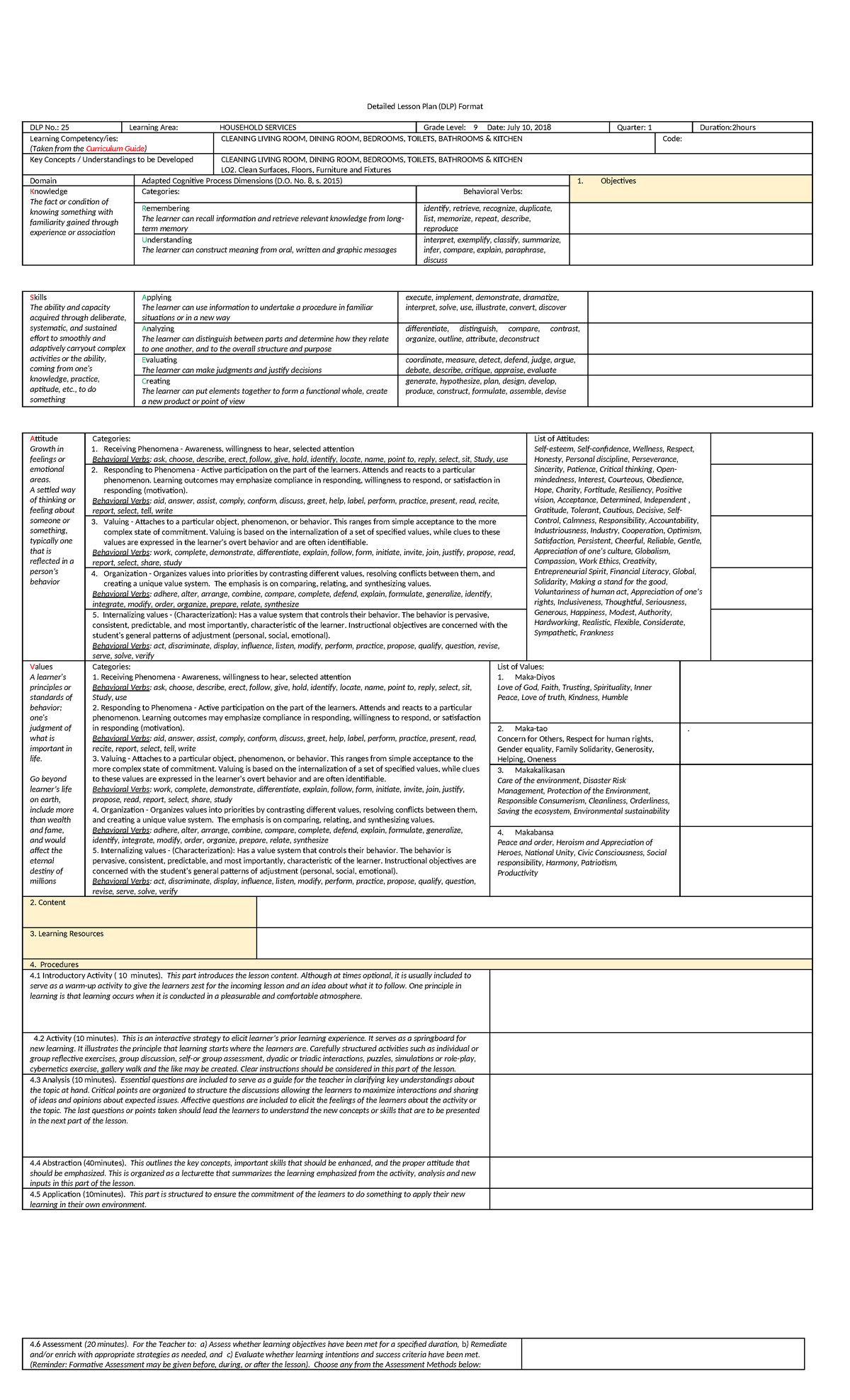 Blank-DLP-WORD - dlp hand outs - Detailed Lesson Plan (DLP) Format DLP No.: 25 Learning Area ...