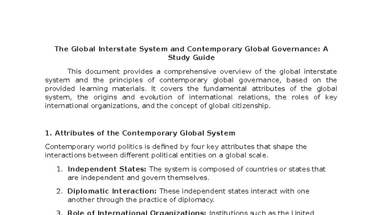 Global Interstate System & Governance: Study Guide (Contempo Prefinal ...