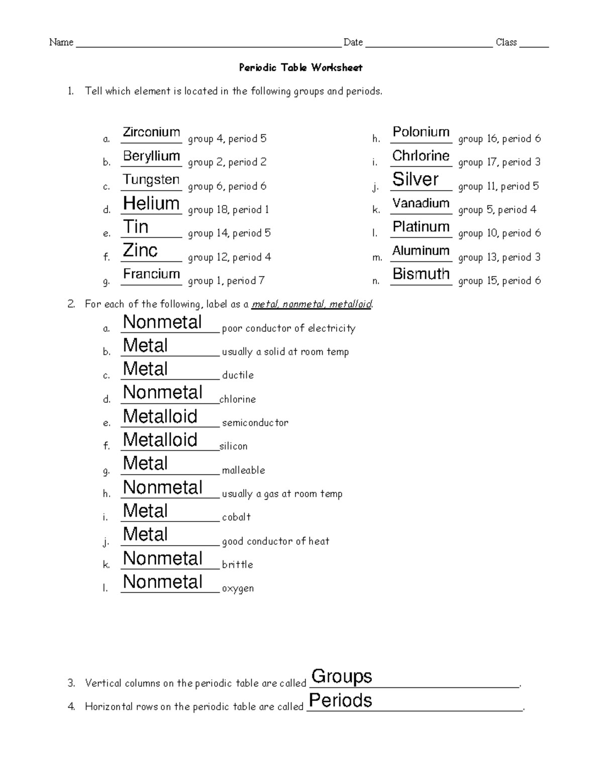 Periodic Table Worksheet 1 - Element Identification and Classification ...