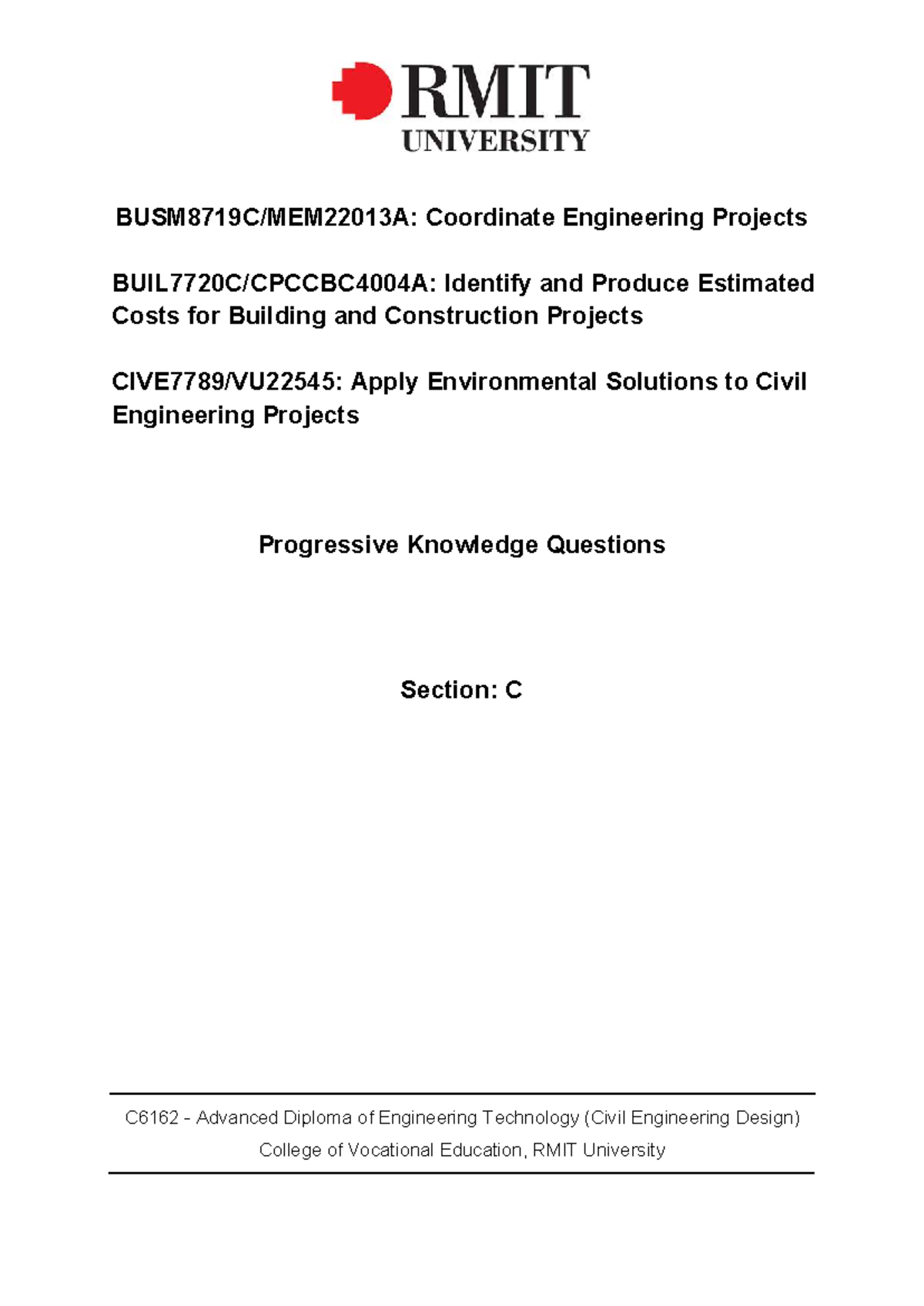 C6162 Advanced Diploma of Engineering Technology: WHS Management Plan ...