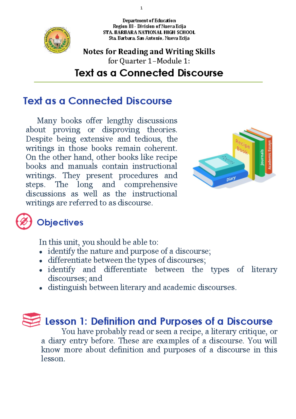 Reading and Writing Skills Q1: Understanding Discourse Types - Studocu