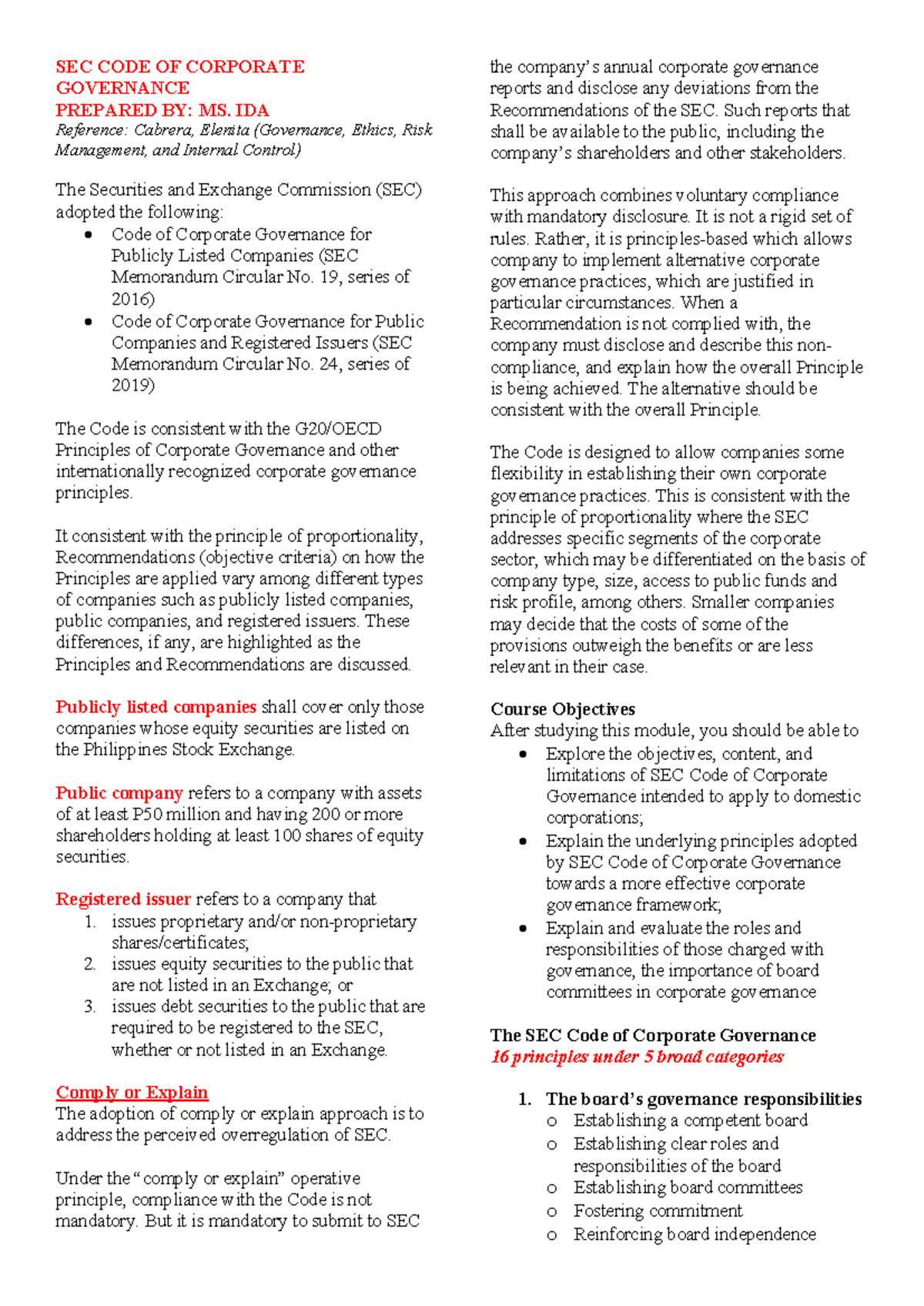 SEC Code of Corporate Governance Overview and Key Principles - Studocu