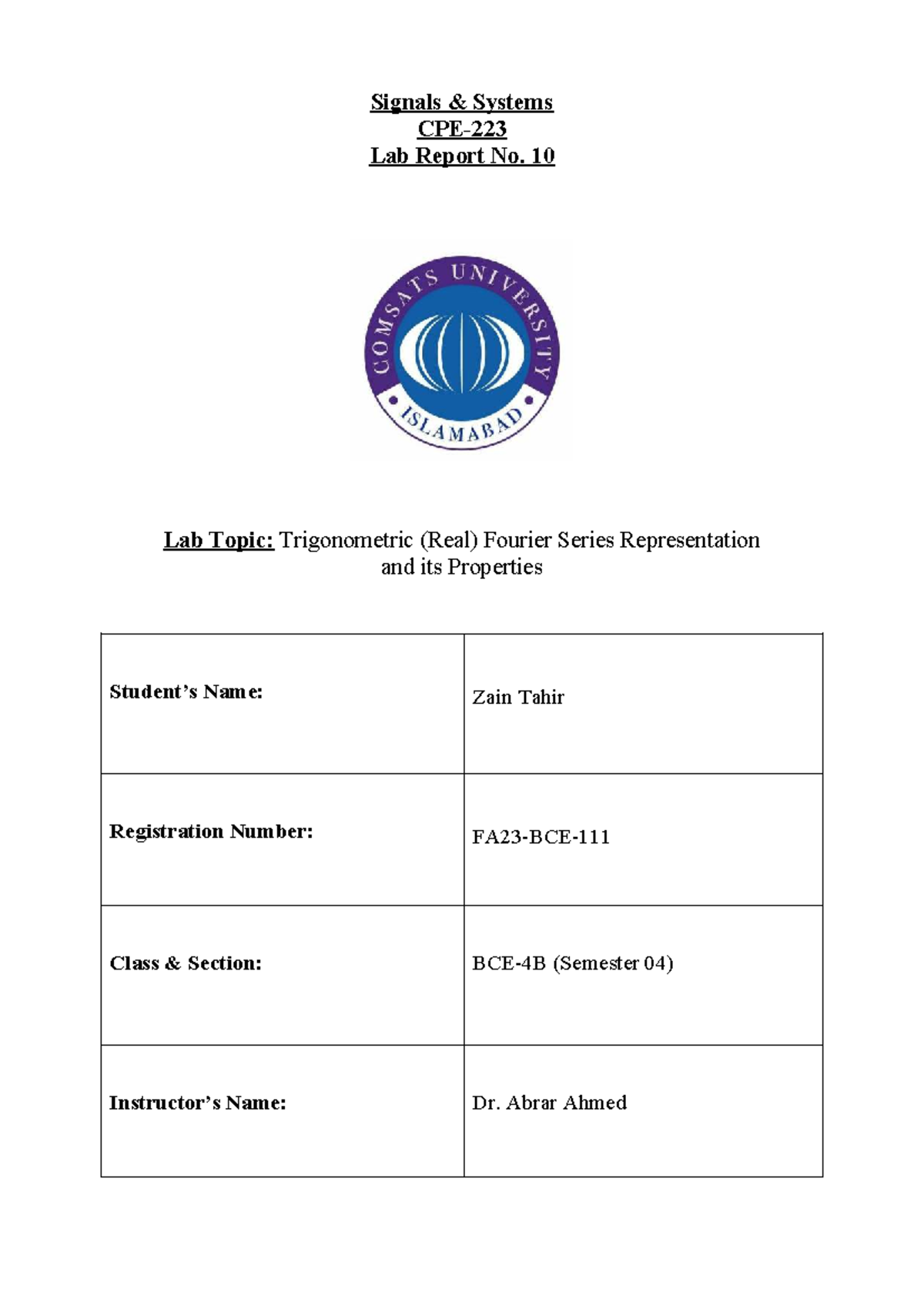 SNS 04 Signals & Systems Lab Report 10: Trigonometric Fourier Series - Studocu