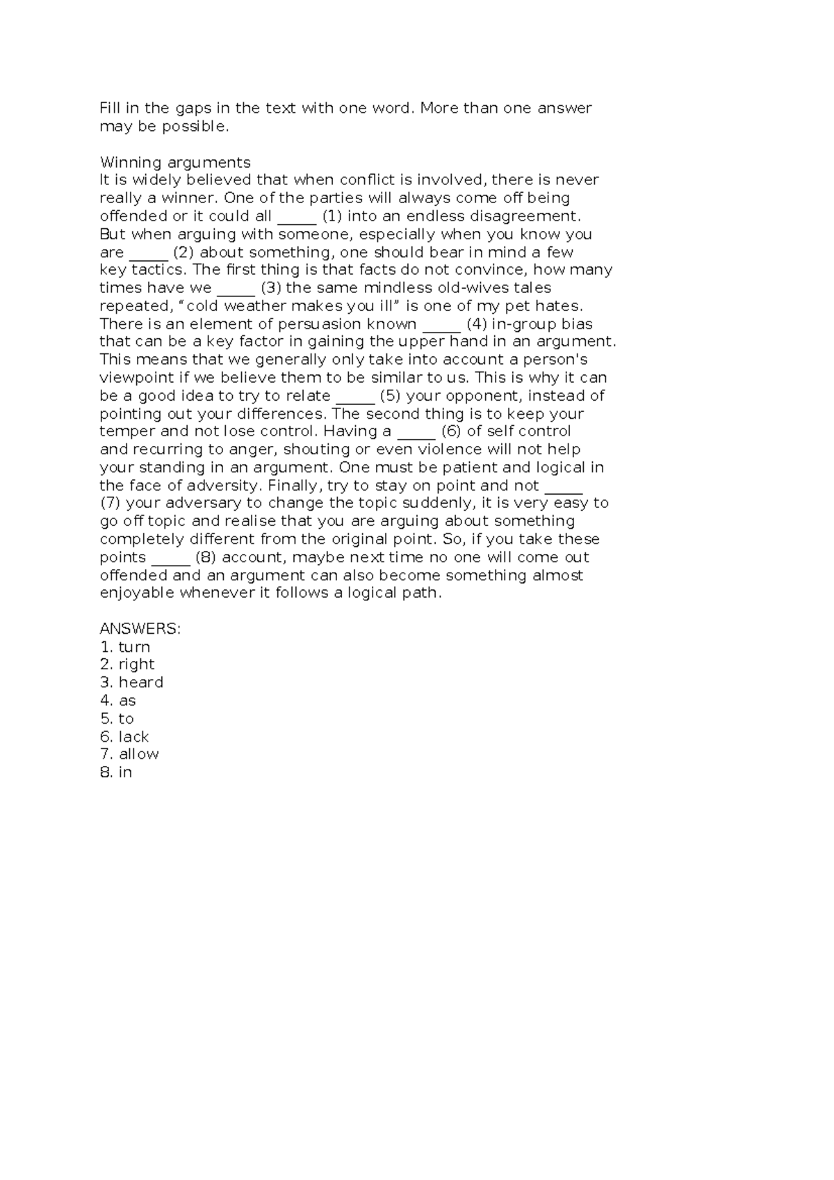 212 Open Cloze Exercises for Practice with Answers - Studocu