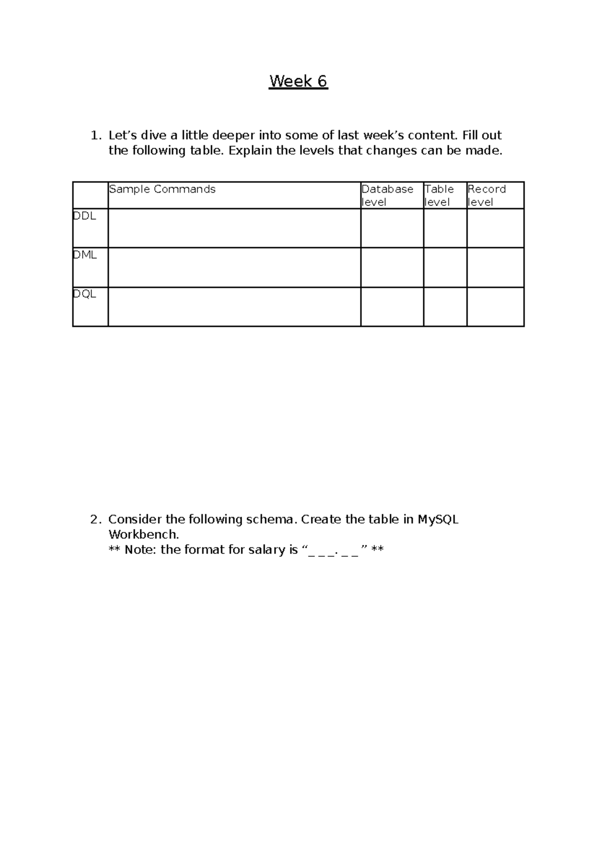 Week 6 DDL & DML MySQL Exercises: Class Printout - Studocu