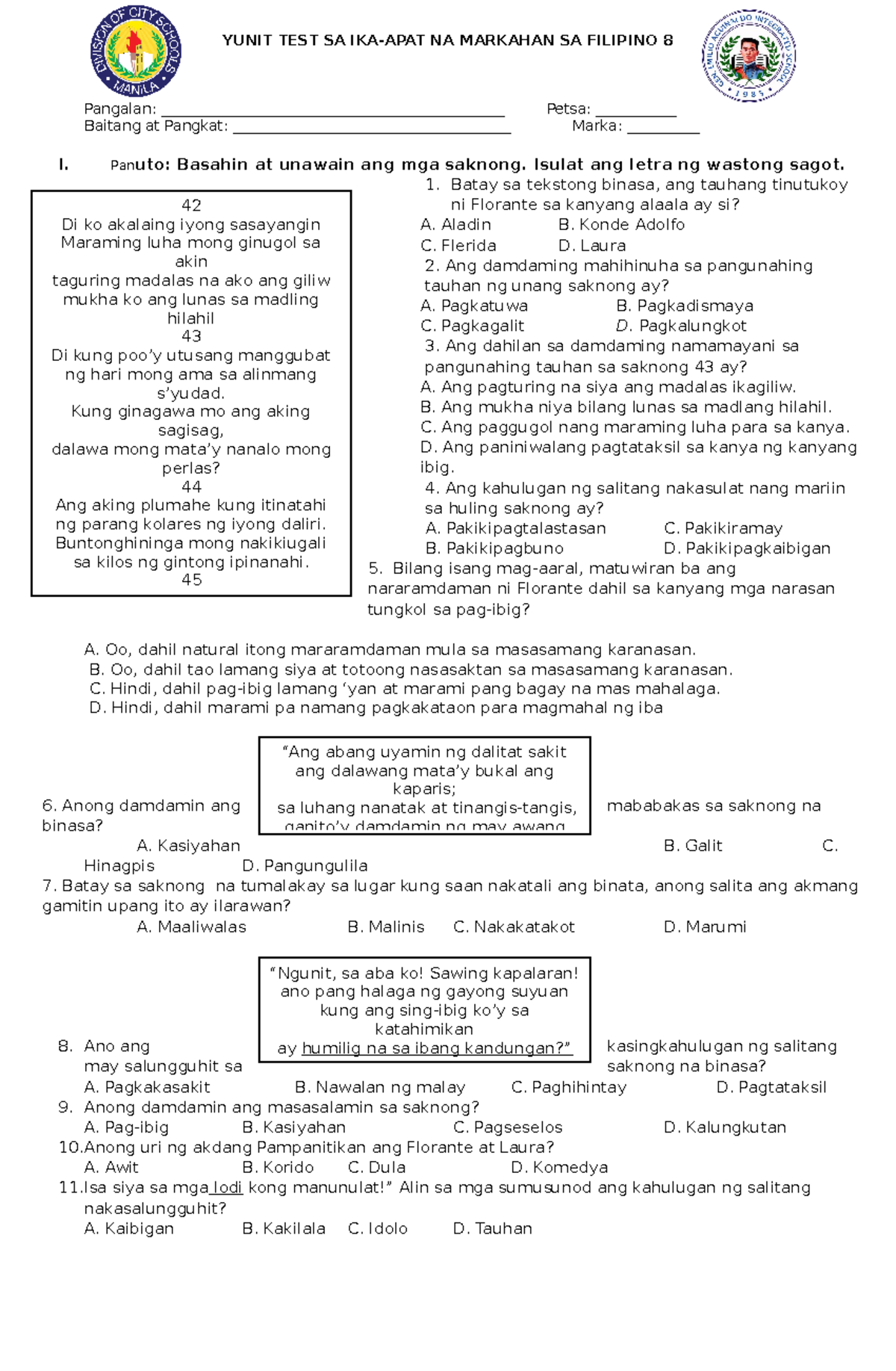 Filipino 8 Unit Test: Ika-apat na Markahan Exam Review - Studocu