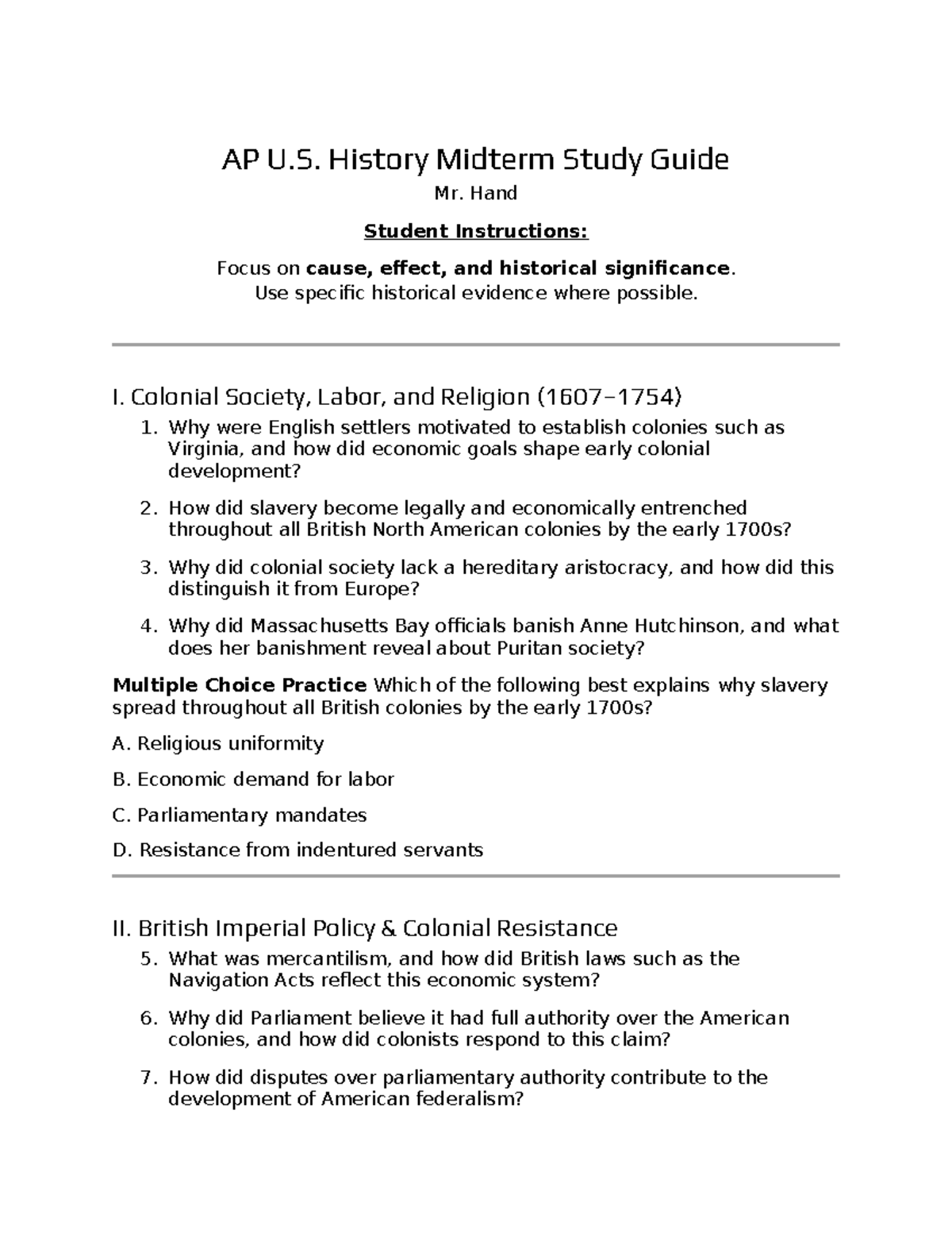 APUSH Midterm Study Guide - Version 2 Reorganized from Test 1 - Studocu