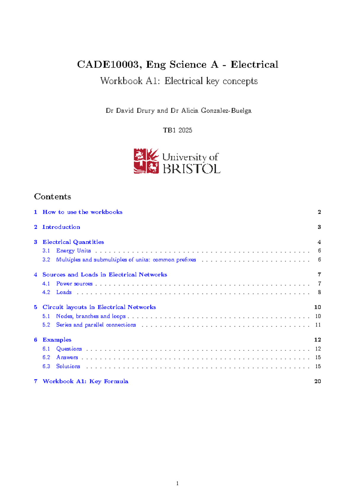 CADE10003 Electrical Workbook A1: Key Concepts and Formulas - Studocu
