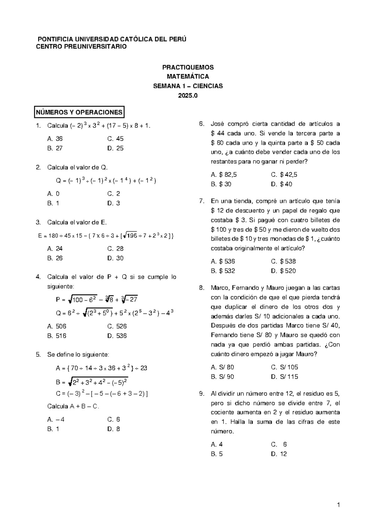Practiquemos Matemática Semana 1 2025.0 CC: Números y Operaciones - Studocu