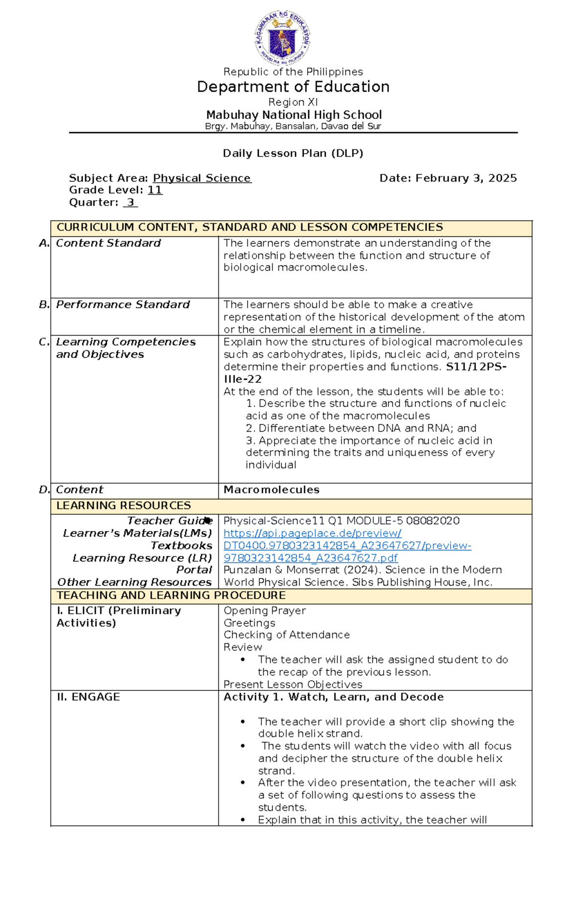 DLP: Physical Science Grade 11 - Nucleic Acids Lesson Plan - Studocu