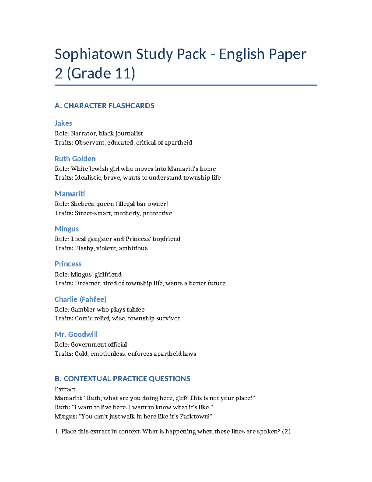 Sophiatown Study Pack: English Paper 2 Character Insights & Essay Guide ...