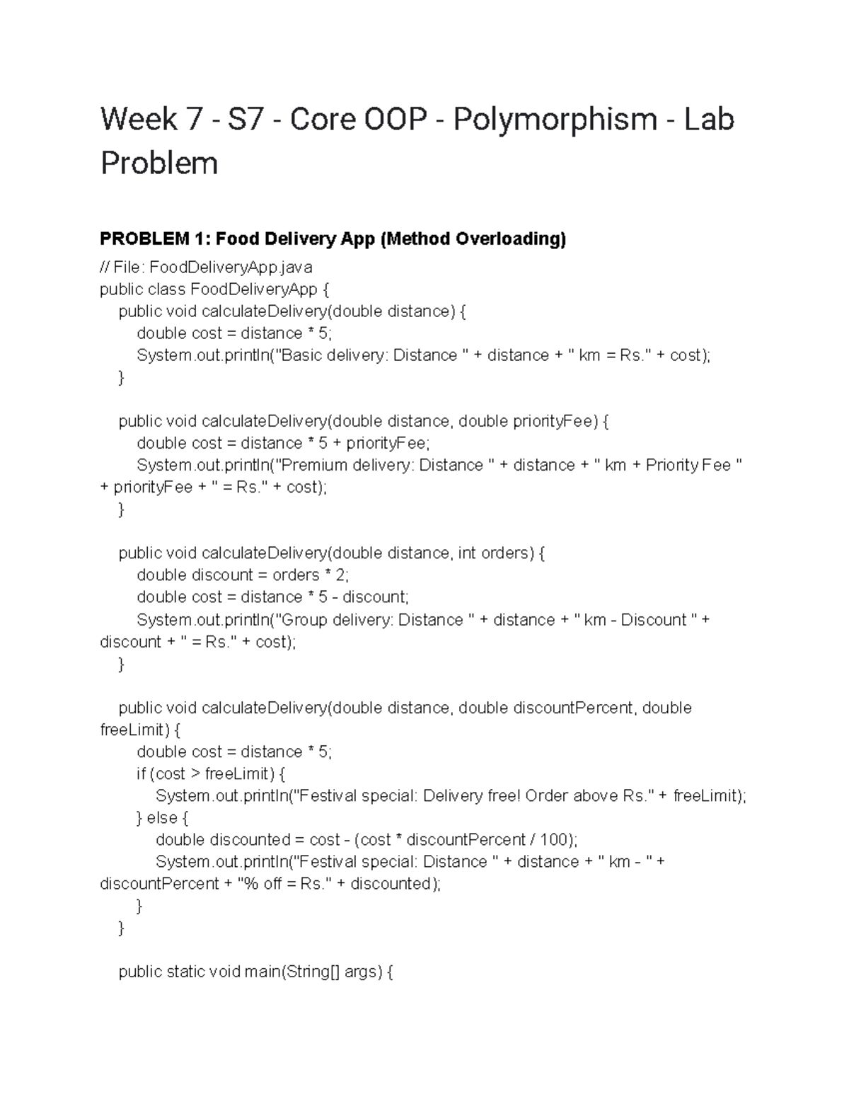 Week 7 S7 Core OOP Lab: Polymorphism & Method Overloading - Studocu
