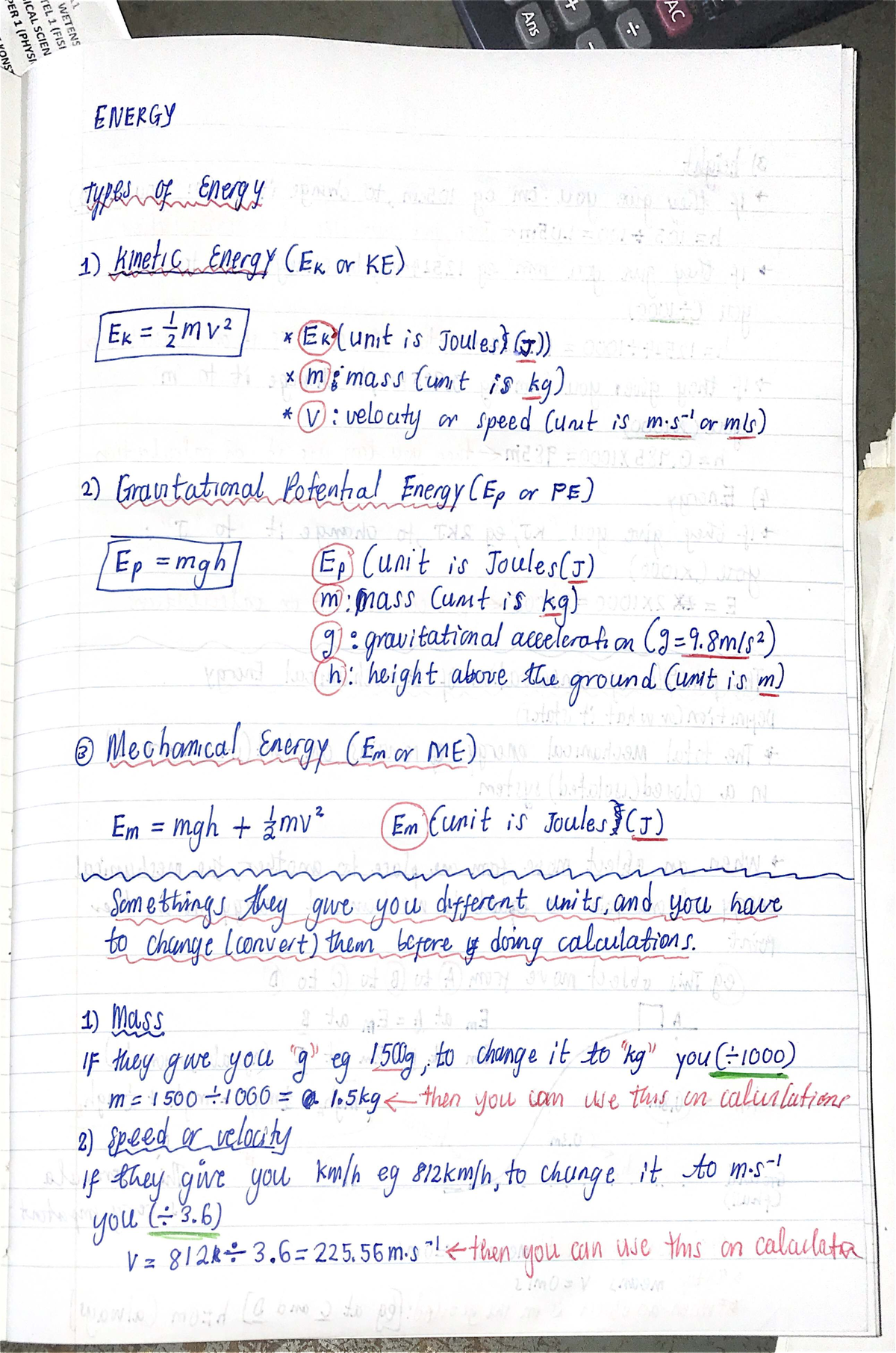 SCIEN (FISIS ENE) Physics Energy Notes: Kinetic & Potential Energy ...