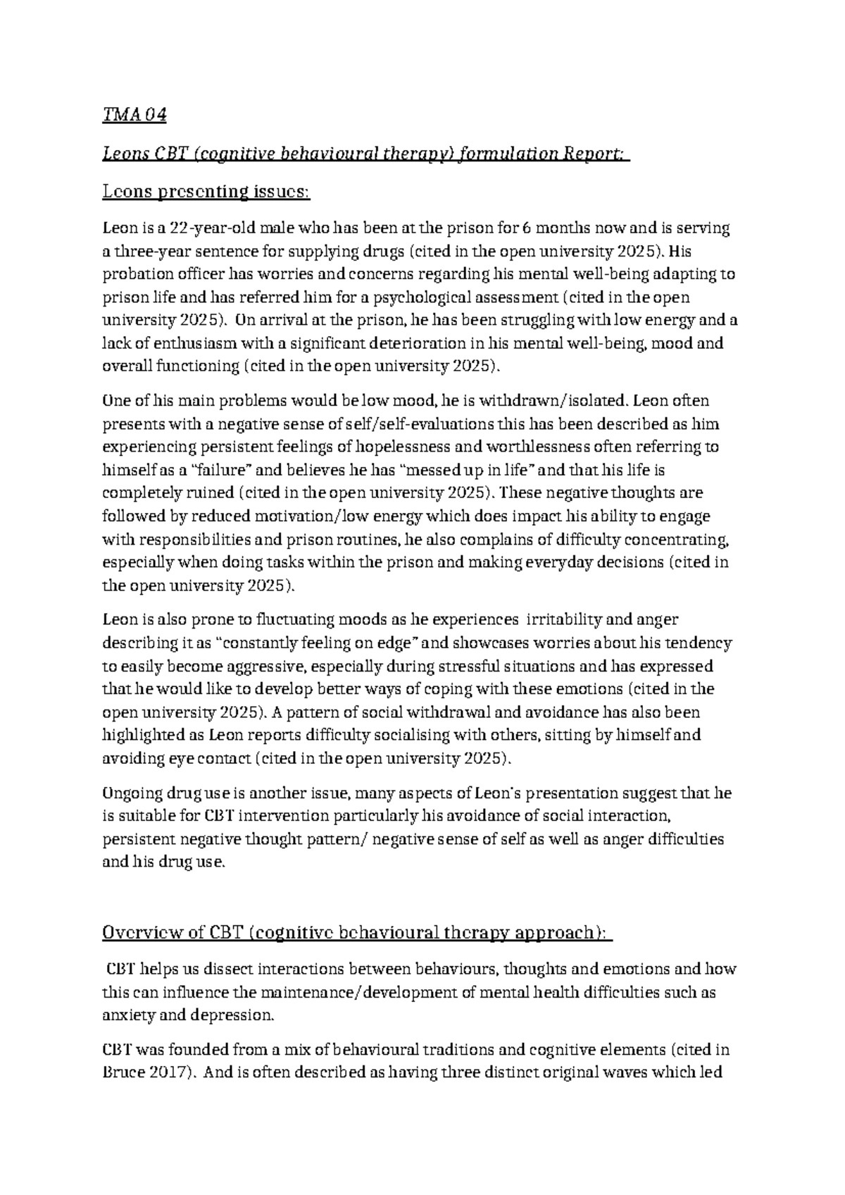 TMA 04: CBT Formulation Report on Leon's Psychological Issues - Studocu