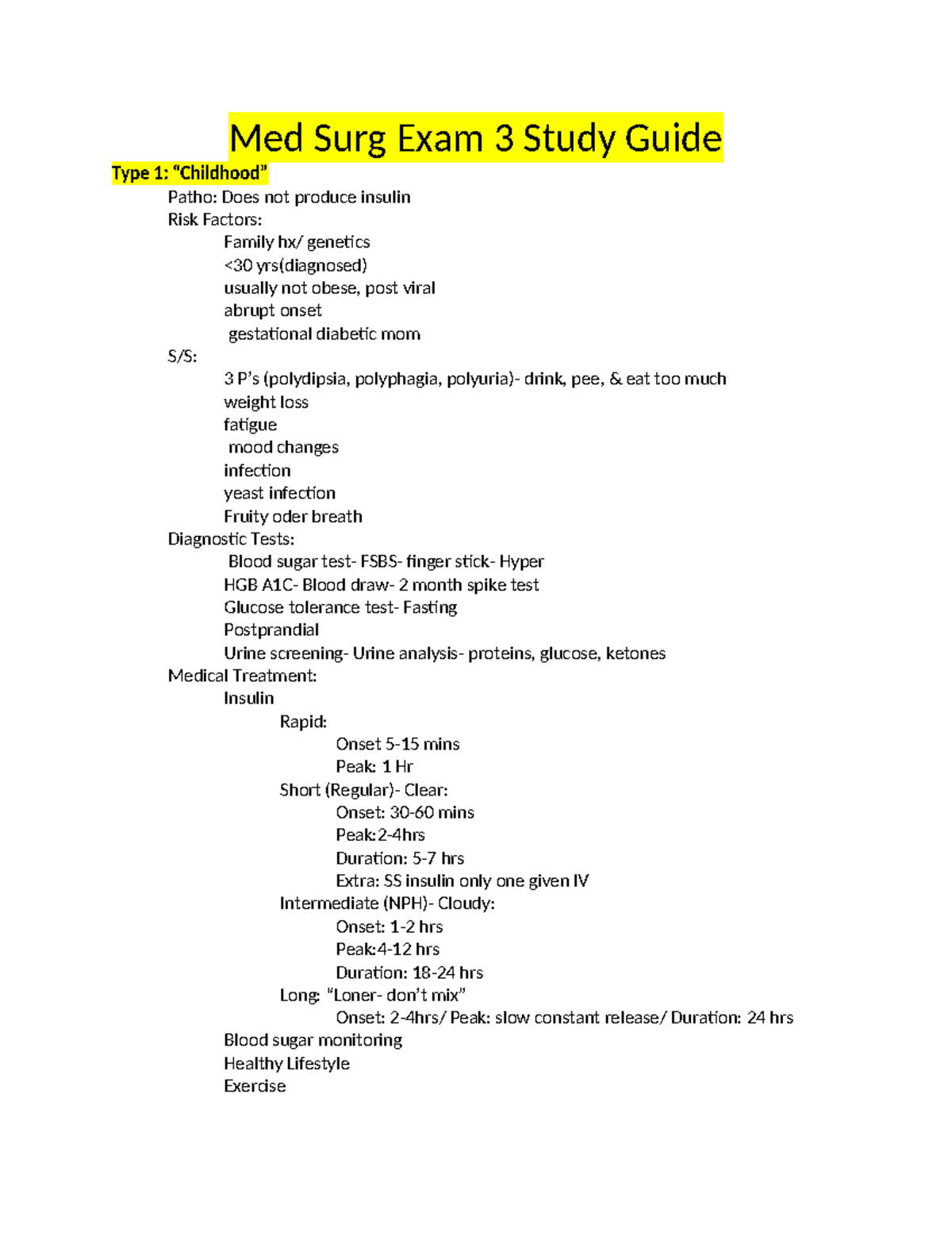 Med Surg Exam 3 Study Guide - Med Surg Exam 3 Study Guide Type 1 ...