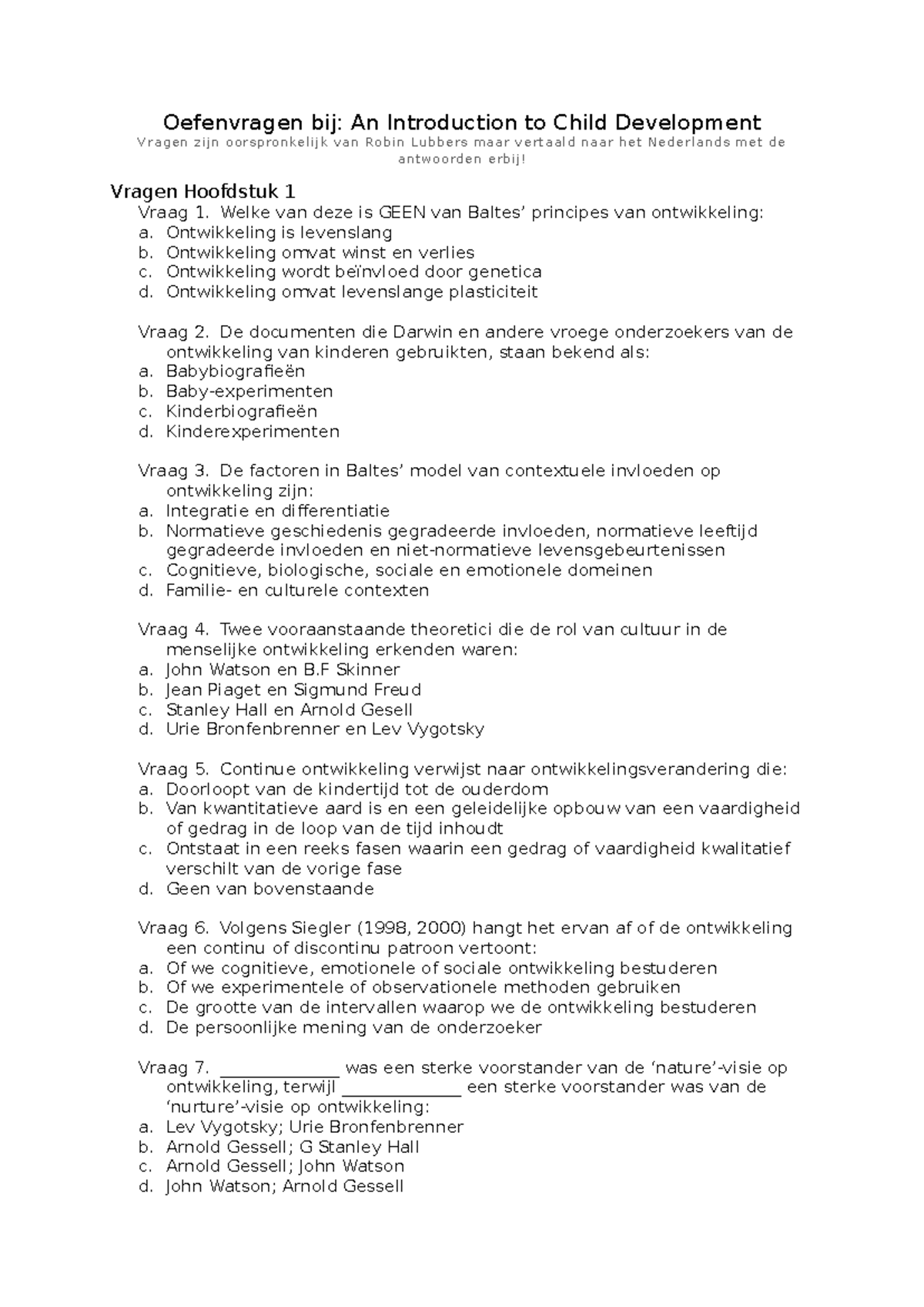 Oefenvragen en Antwoorden bij Inleiding tot Kinderontwikkeling ...