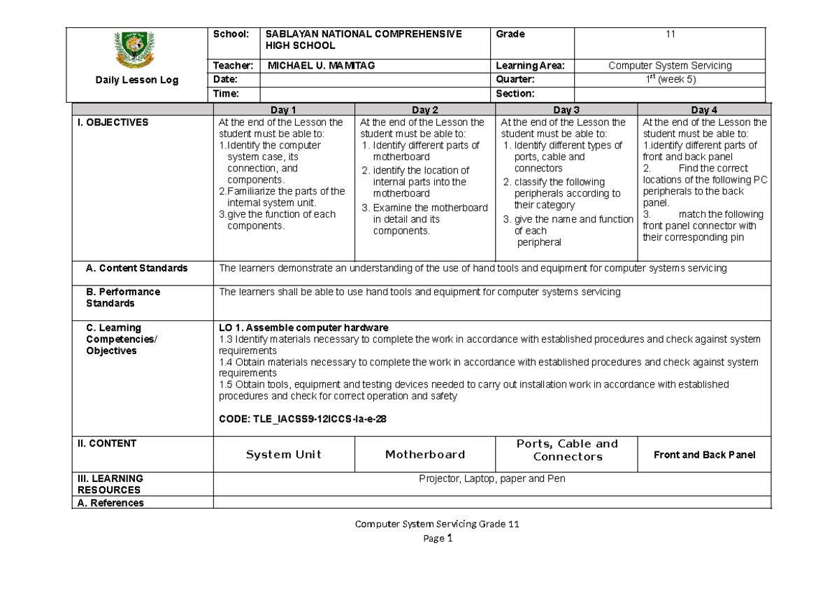 Daily Lesson Log: Computer System Servicing CSS11 Week 5 - Studocu