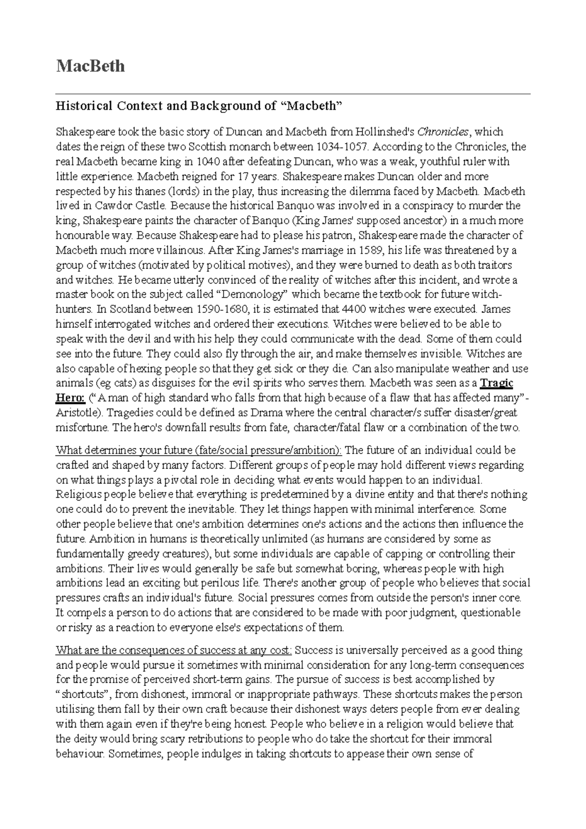 Macbeth (ENG 101) Historical Context and Analysis of Shakespeare's ...