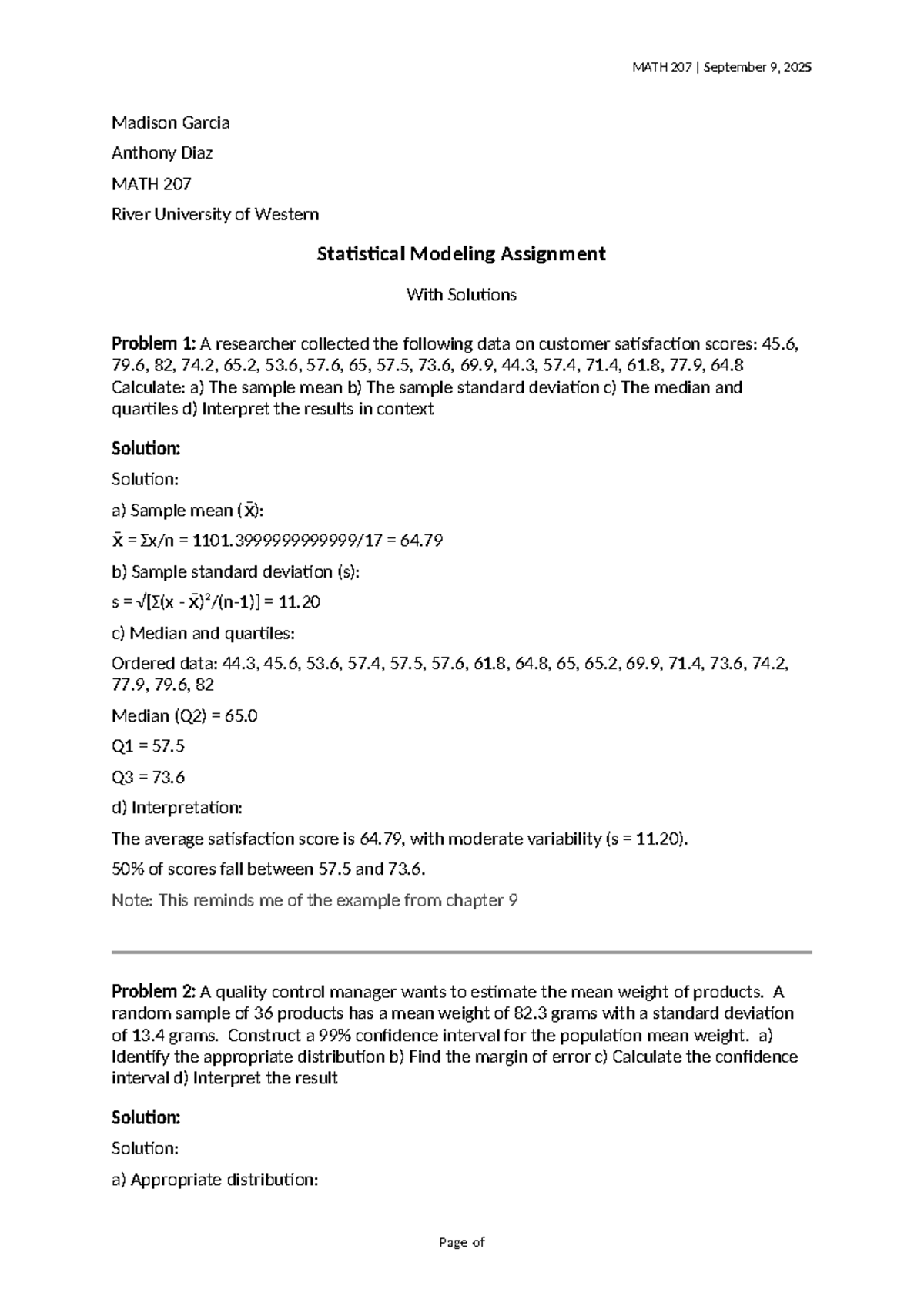 MATH 207 Statistical Modeling Assignment Solutions and Analysis - Studocu