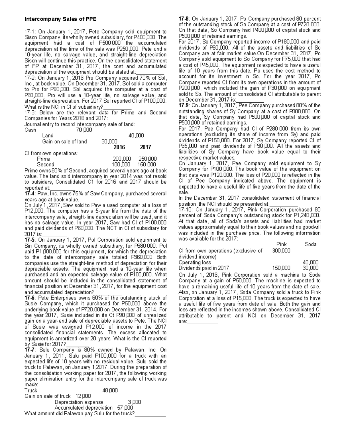 Intercompany Sales of PPE: Consolidation Implications and Cases - Studocu