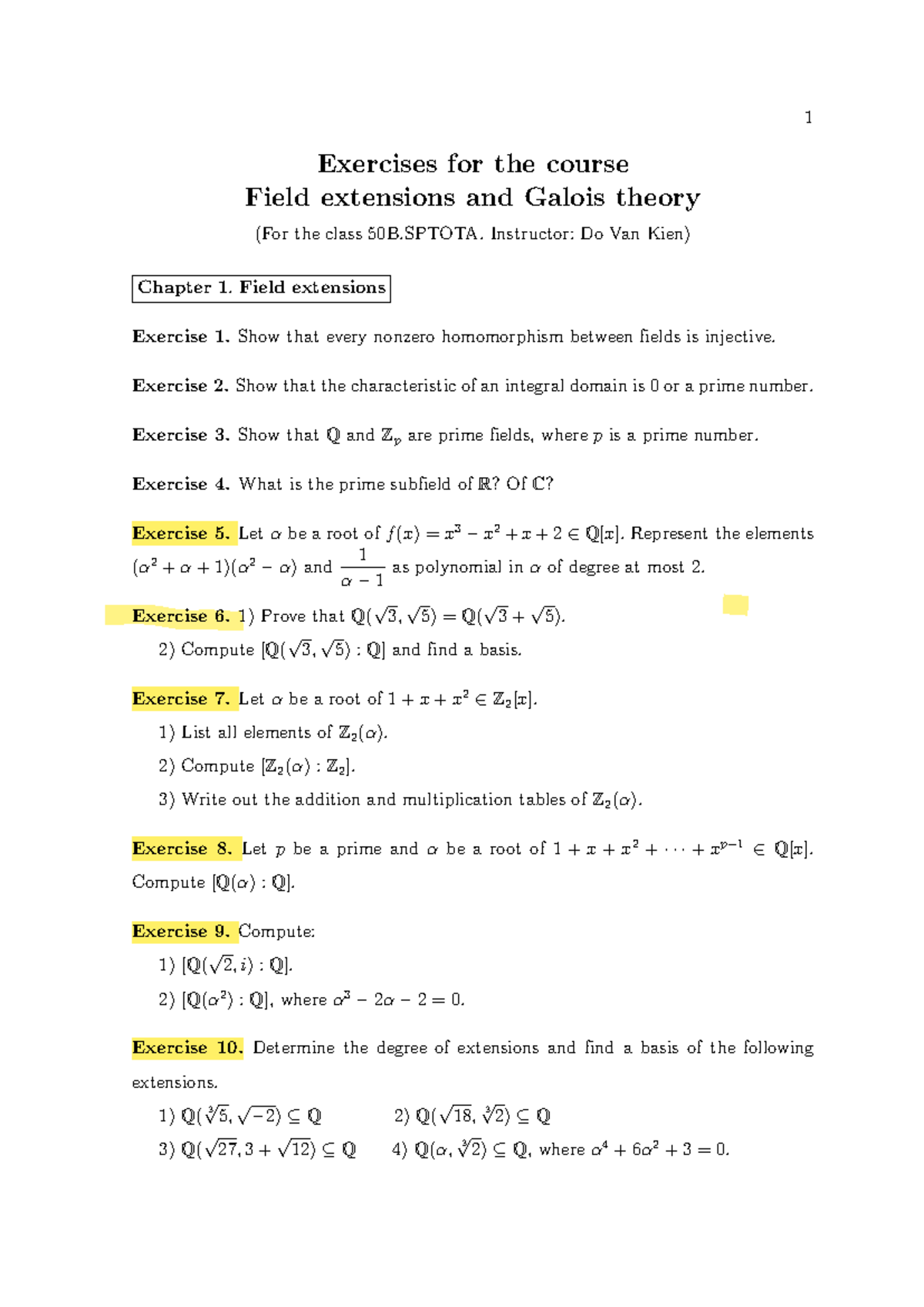 Exercises for Field Extensions and Galois Theory (50B.SPTOTA) - Studocu