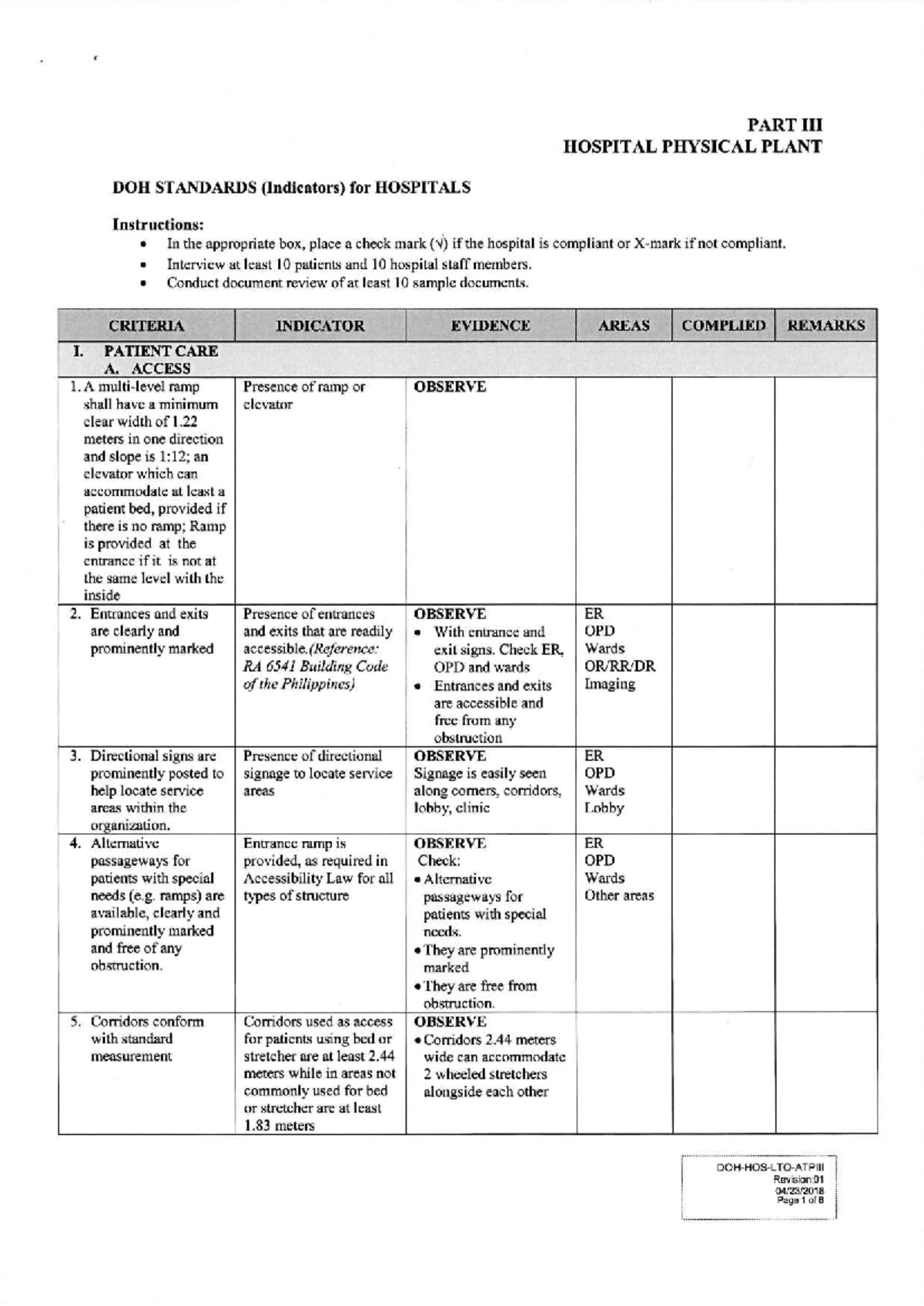 Part H Hospital Physical Plant DOH Standards Compliance Checklist - Studocu