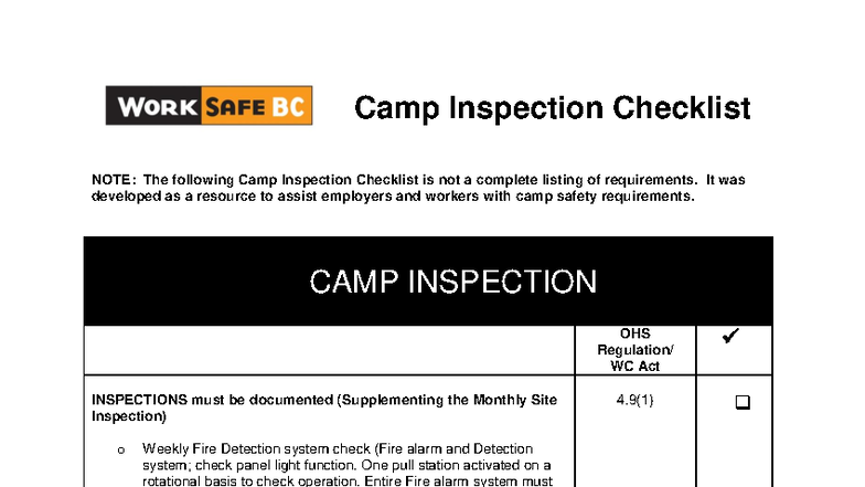 Camp accommodation checklist - 1 Camp Inspection Checklist NOTE: The ...