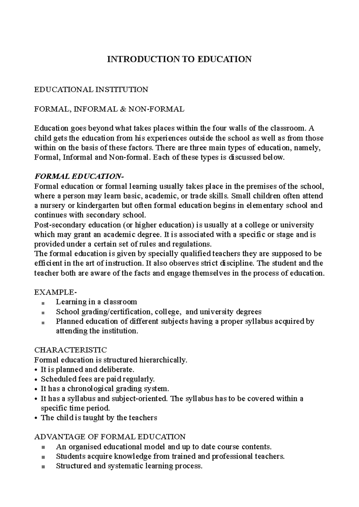 EDU 101: Formal and Informal Education Overview - Studocu